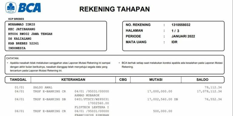Contoh Rekening Koran BCA – Finance