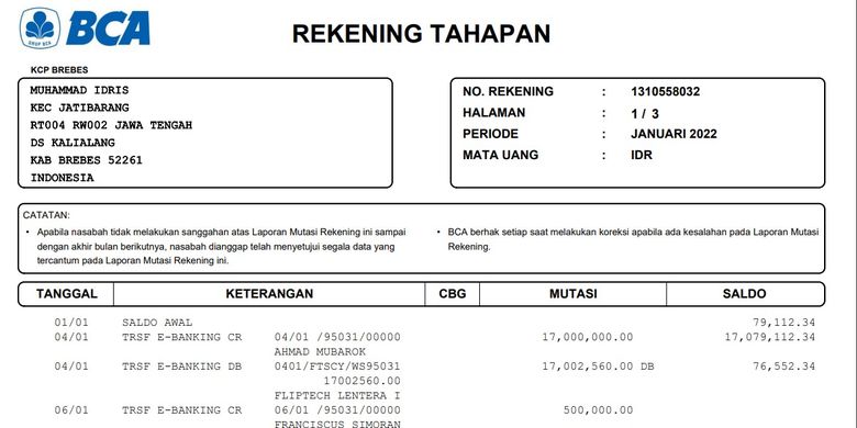 Contoh Rekening Koran BCA – Finance